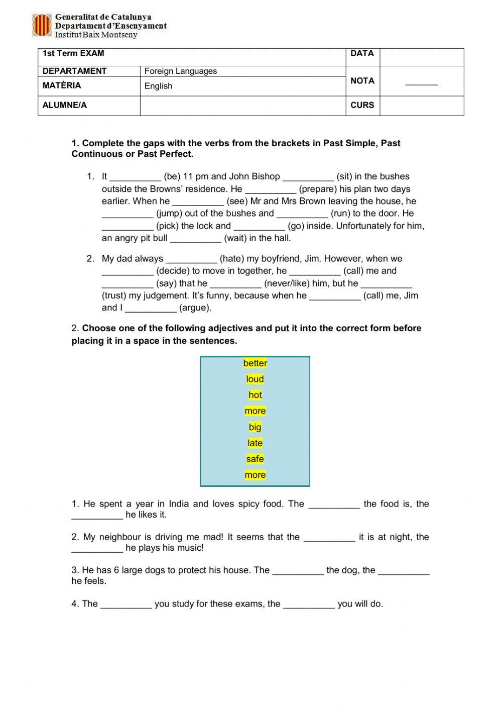 Exam 1st term A worksheet | Live Worksheets