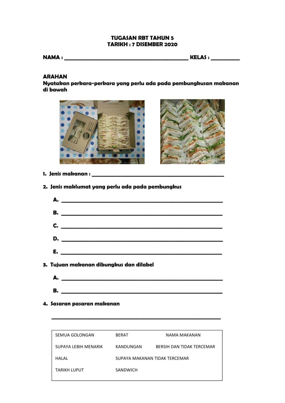 PEMBUNGKUSAN MAKANAN RBT THN 5 worksheet | Live Worksheets