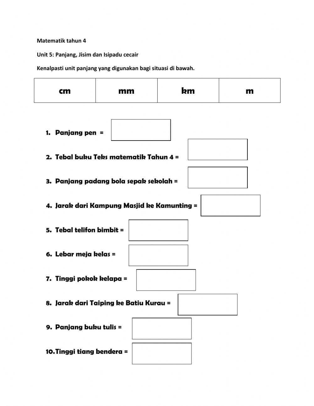 Unit Panjang interactive worksheet | Live Worksheets