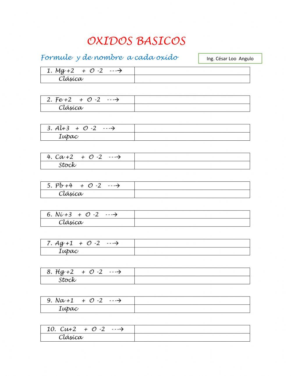 Oxidos basicos worksheet | Live Worksheets