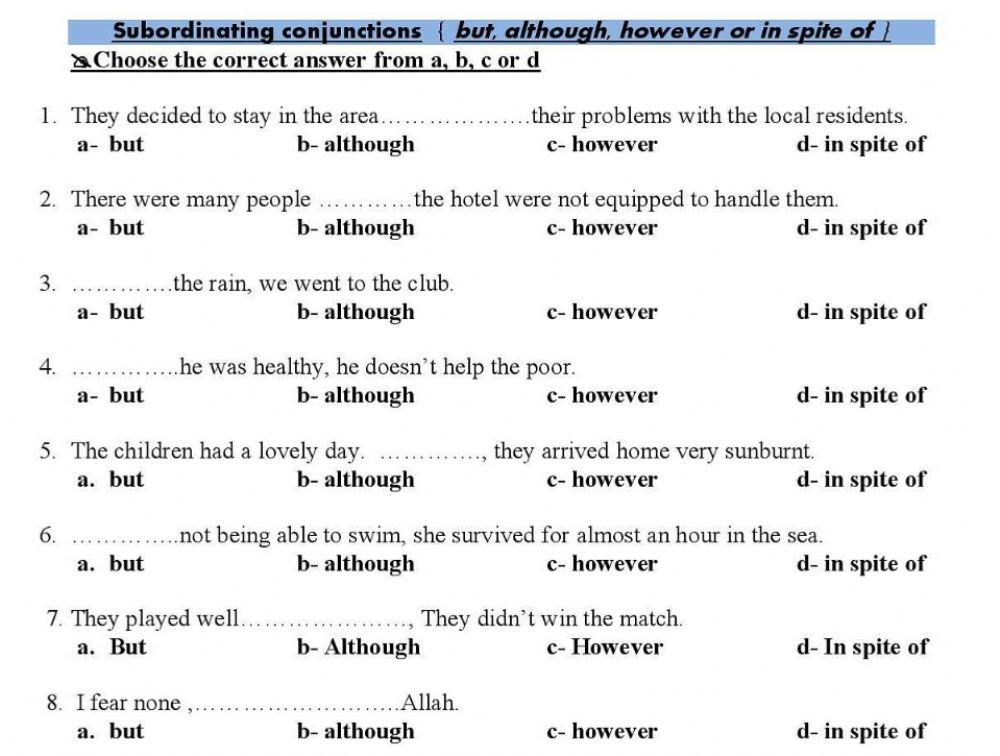 Subordinating conjunctions online exercise for | Live Worksheets