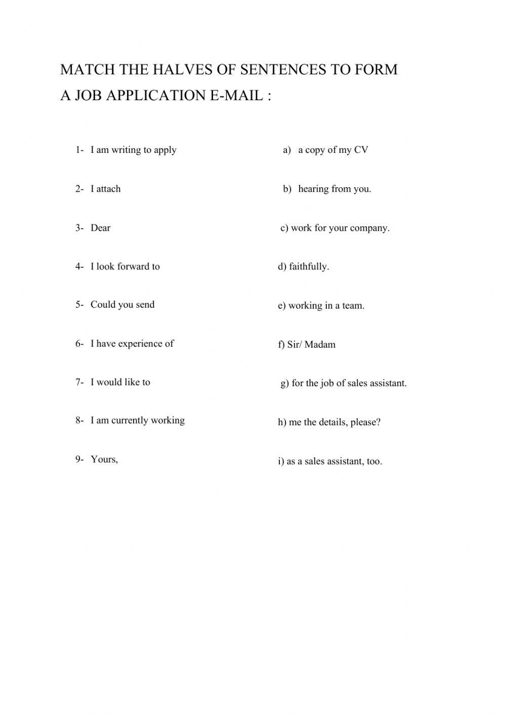 Match the sentences for a job application e-mail worksheet | Live ...