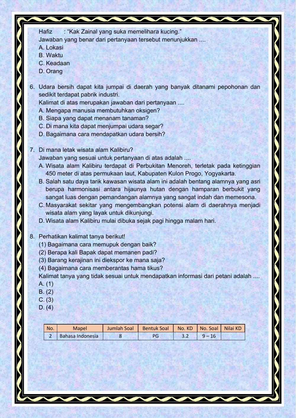 PAS I Tema 2 Bahasa Indonesia Kelas 5 Tahun Pelajaran