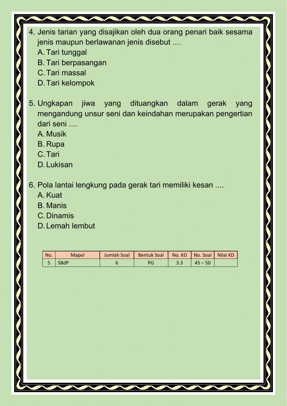PAS I Tema 2 SBdP 3.3 Kelas 5 Tahun Pelajaran 2020-2021 worksheet | Live Worksheets