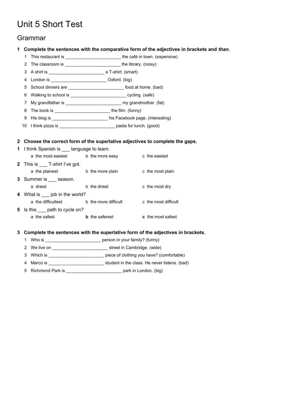 Short test - adjective worksheet | Live Worksheets