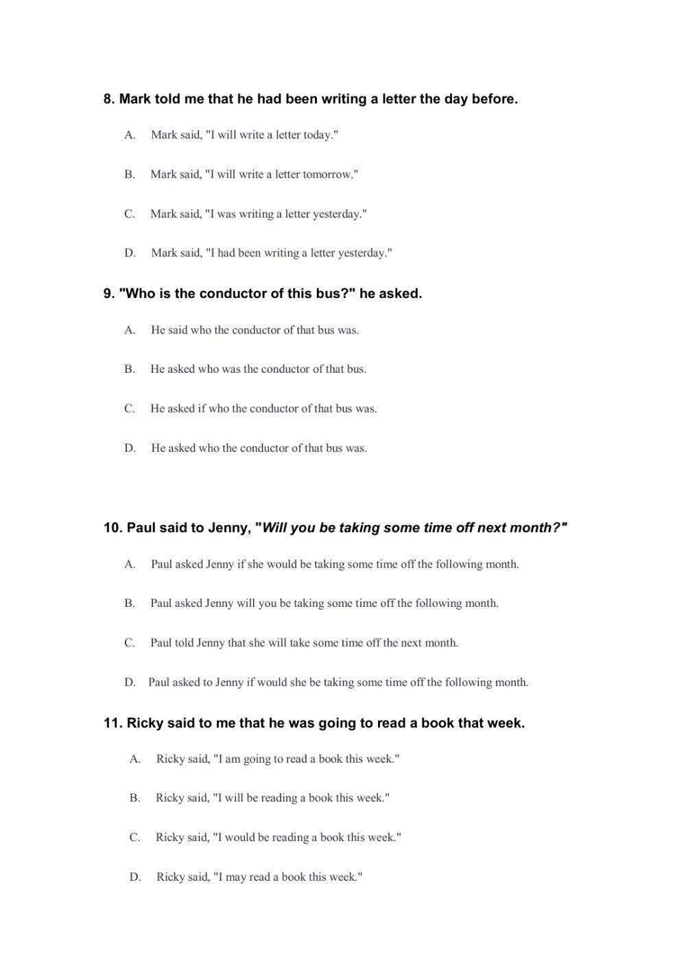 GRAMMAR TEST -Direct- Indirect Speech online exercise for | Live Worksheets