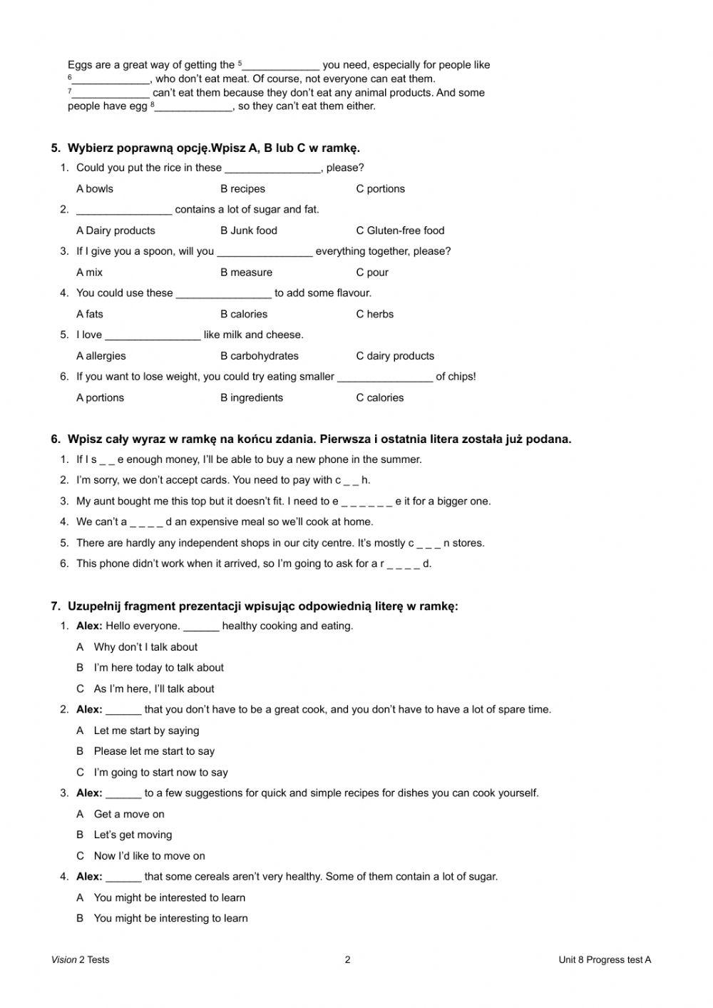 Vision 2 unit 8 test online exercise for | Live Worksheets