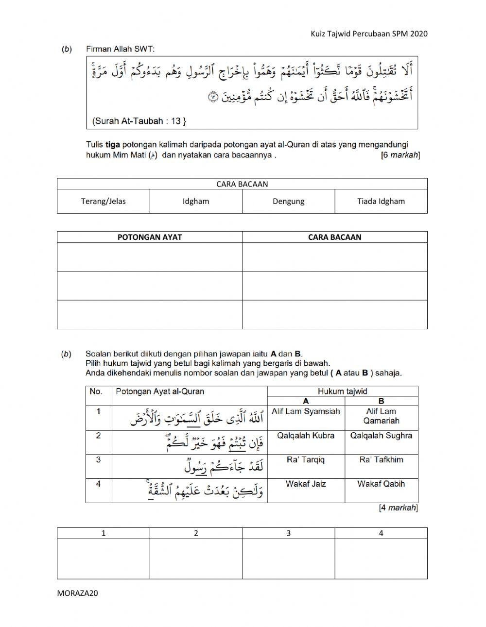 Kuiz Tajwid Harian 1 SPM20 worksheet | Live Worksheets