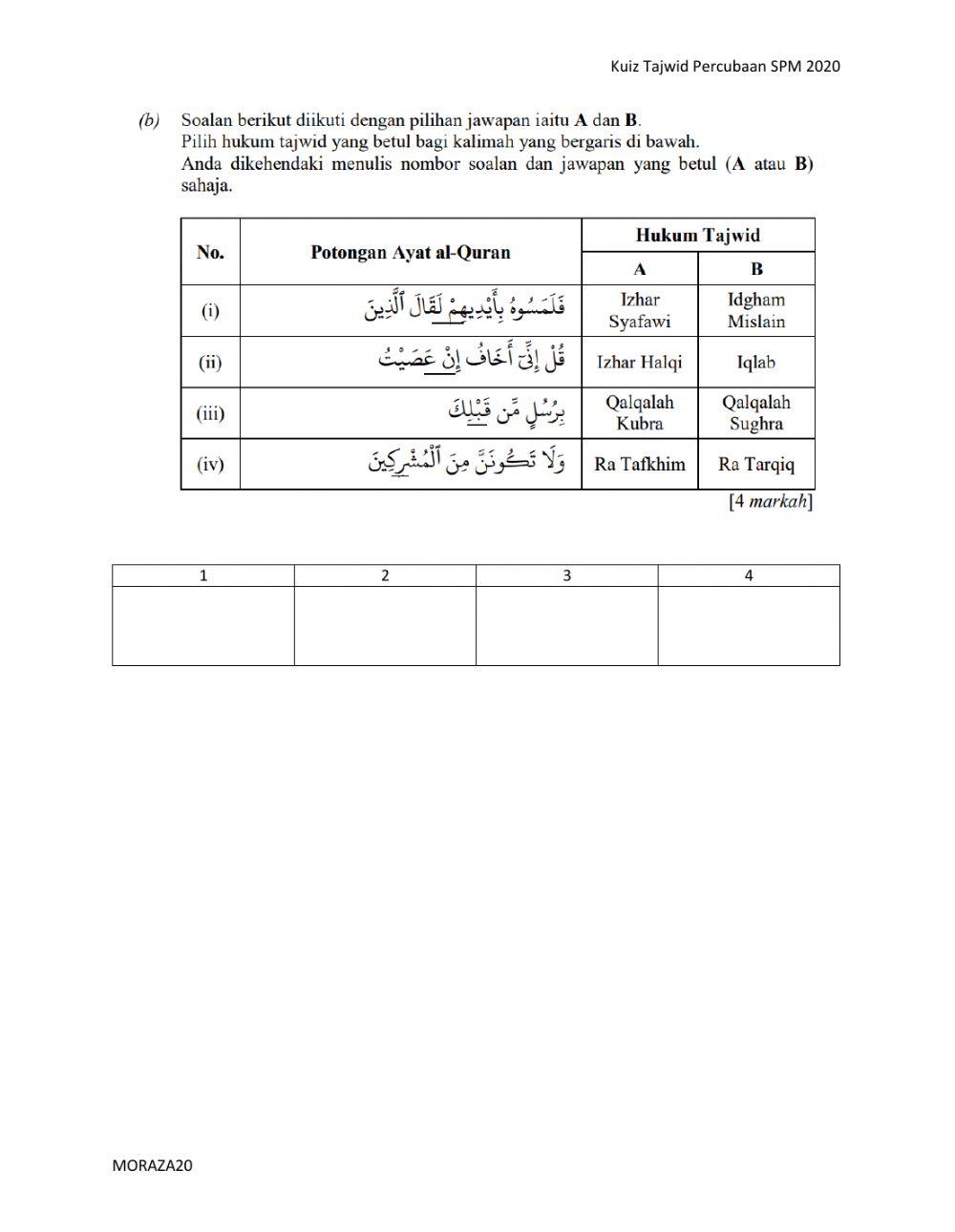 Kuiz Tajwid Harian 1 SPM20 worksheet | Live Worksheets