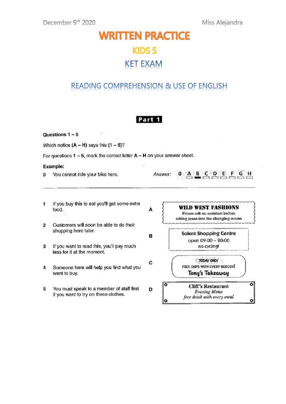 WRITTEN PRACTICE KET EXAM KIDS 5 READING - USE OF ENGLISH