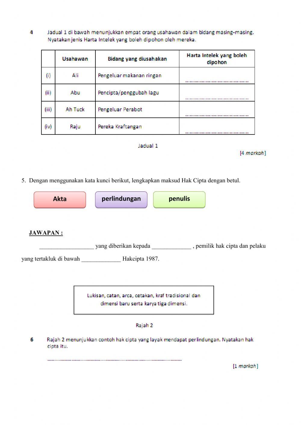 Bab 15 : HARTA INTELEK worksheet | Live Worksheets