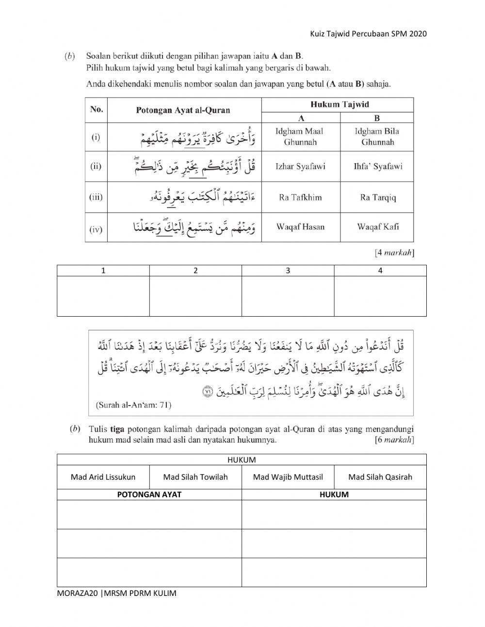 Kuiz Tajwid Harian 2 SPM20 worksheet | Live Worksheets