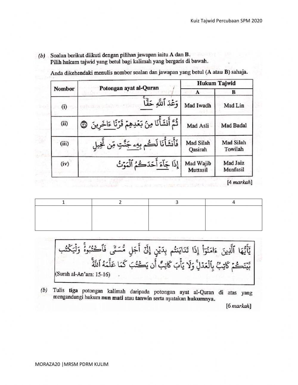Kuiz Tajwid Harian 2 SPM20 worksheet | Live Worksheets