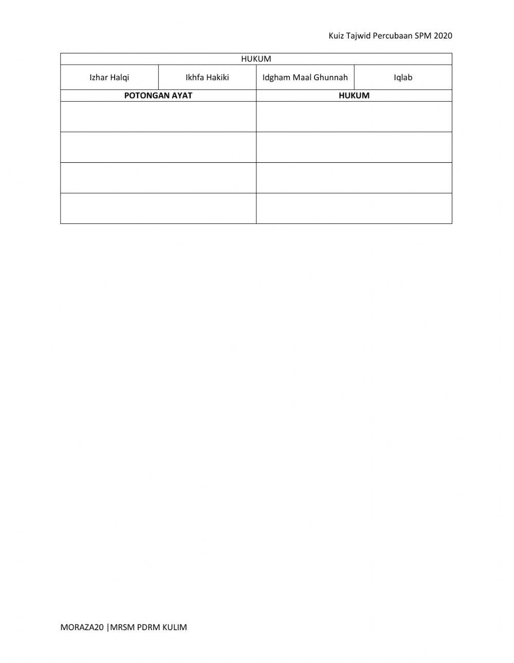 Kuiz Tajwid Harian 2 SPM20 worksheet | Live Worksheets