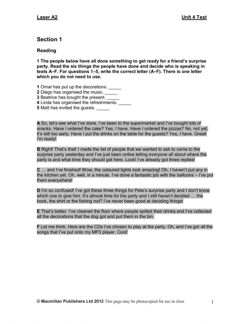 Test 4 Laser A2 | Free Interactive Worksheets | 6313276