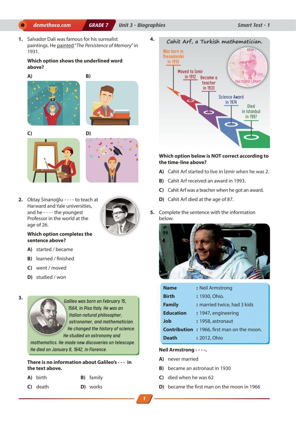 UNIT 3 BIOGRAPHY TEST online exercise for | Live Worksheets