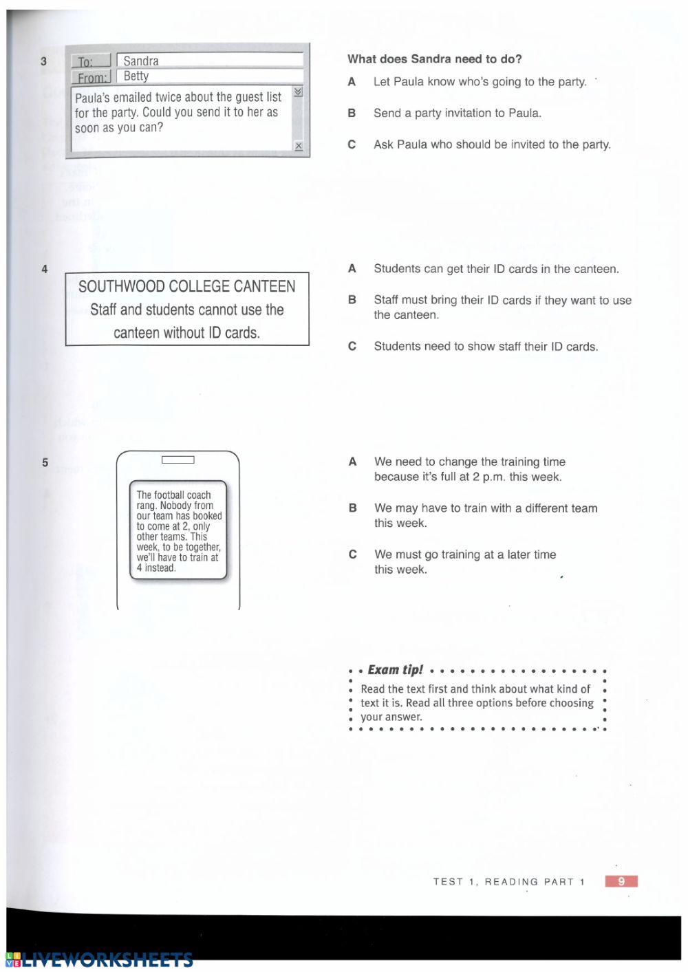 Test 1- PET Reading Part 1 and 2 online exercise for | Live Worksheets