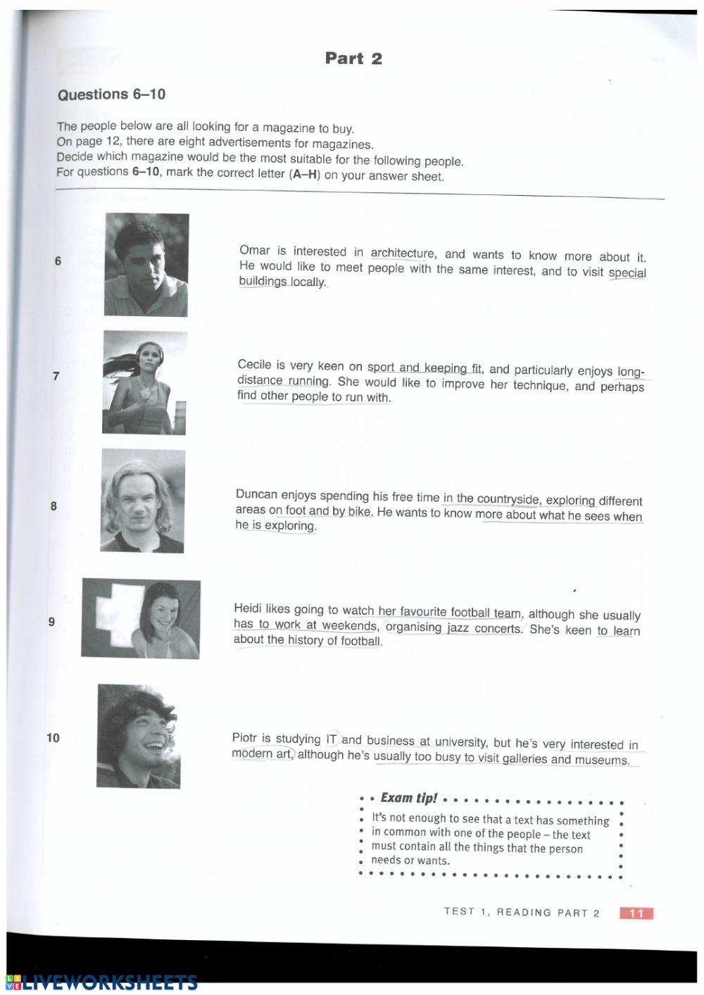 Test 1- PET Reading Part 1 and 2 online exercise for | Live Worksheets