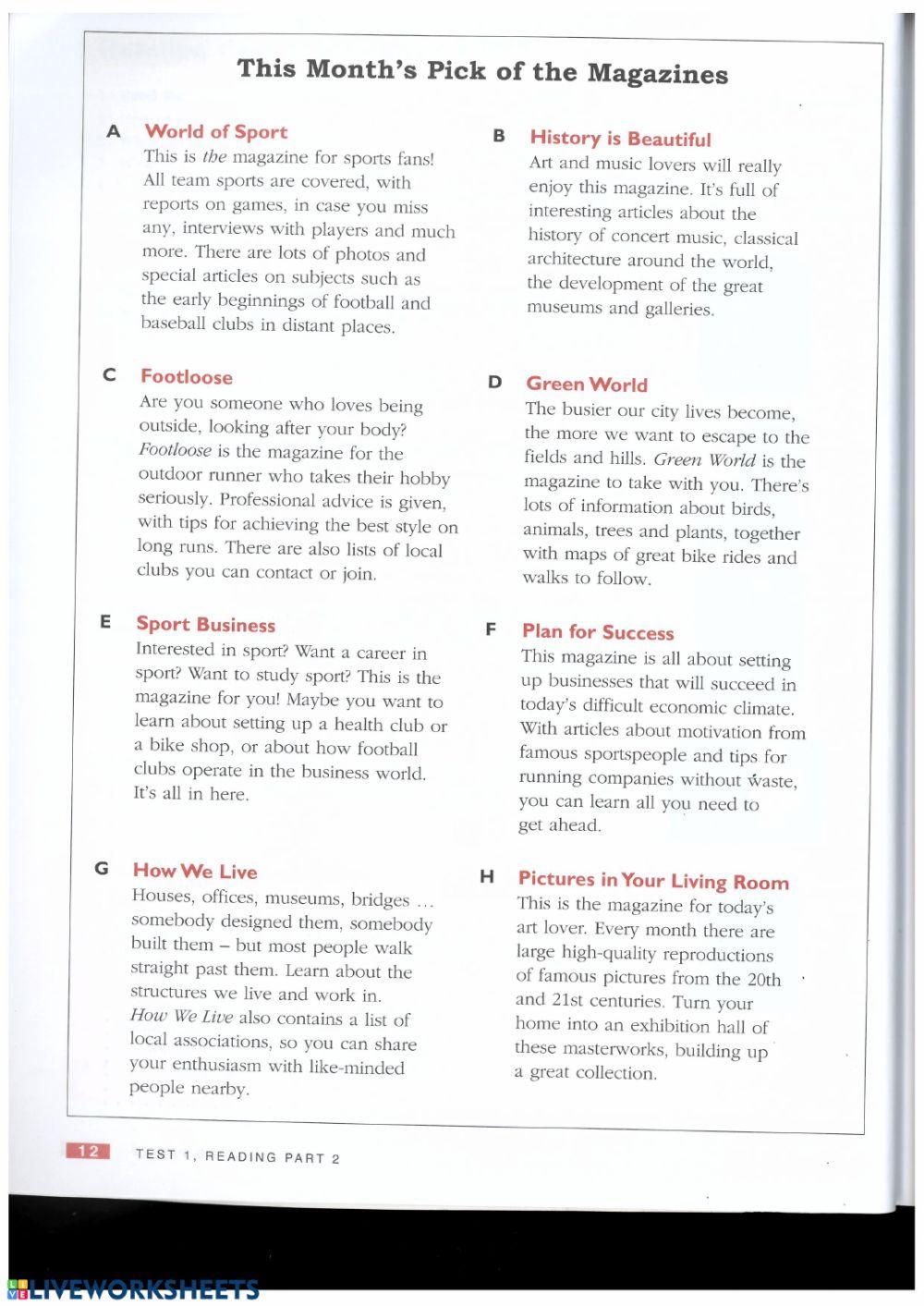 Test 1- PET Reading Part 1 and 2 online exercise for | Live Worksheets