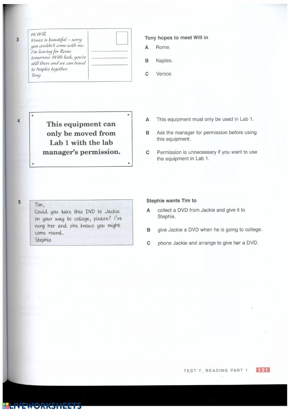 Test 7- PET Reading Part 1 and 2 online exercise for | Live Worksheets