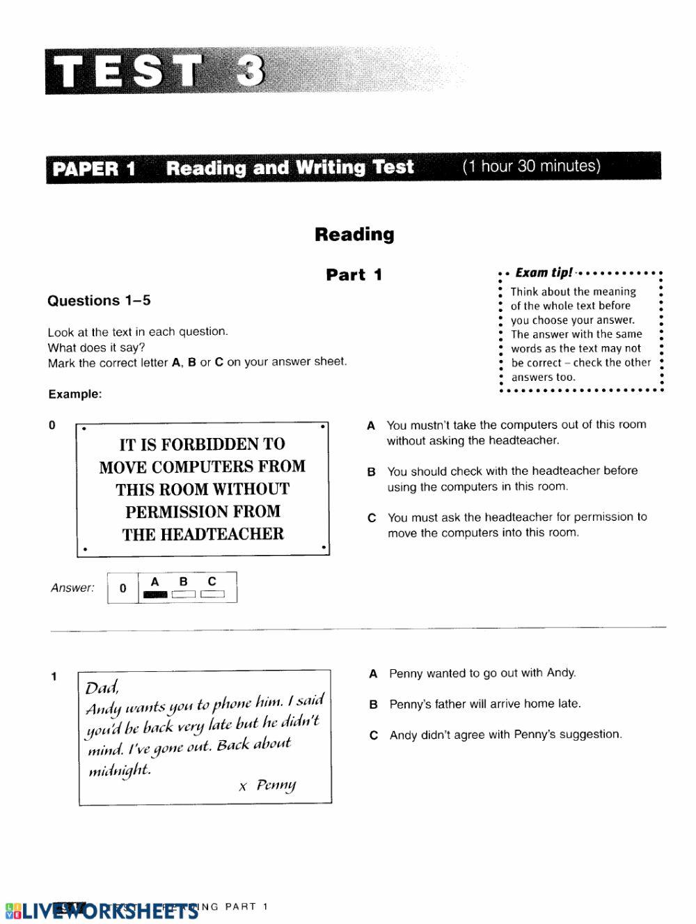 Test 9- PET Reading part 1 and 2 5402418 | MissRawan