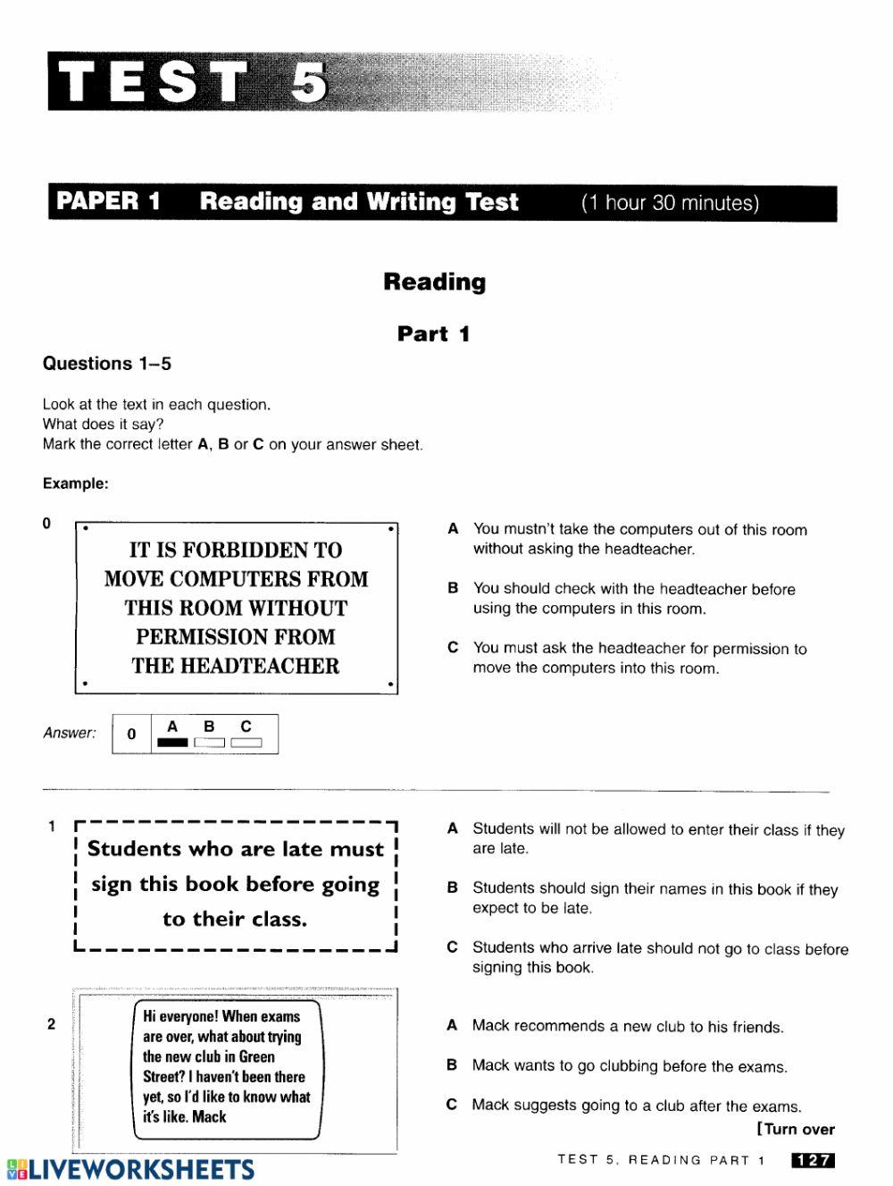 Test 11- PET Reading part 1 and 2 5402489 | MissRawan
