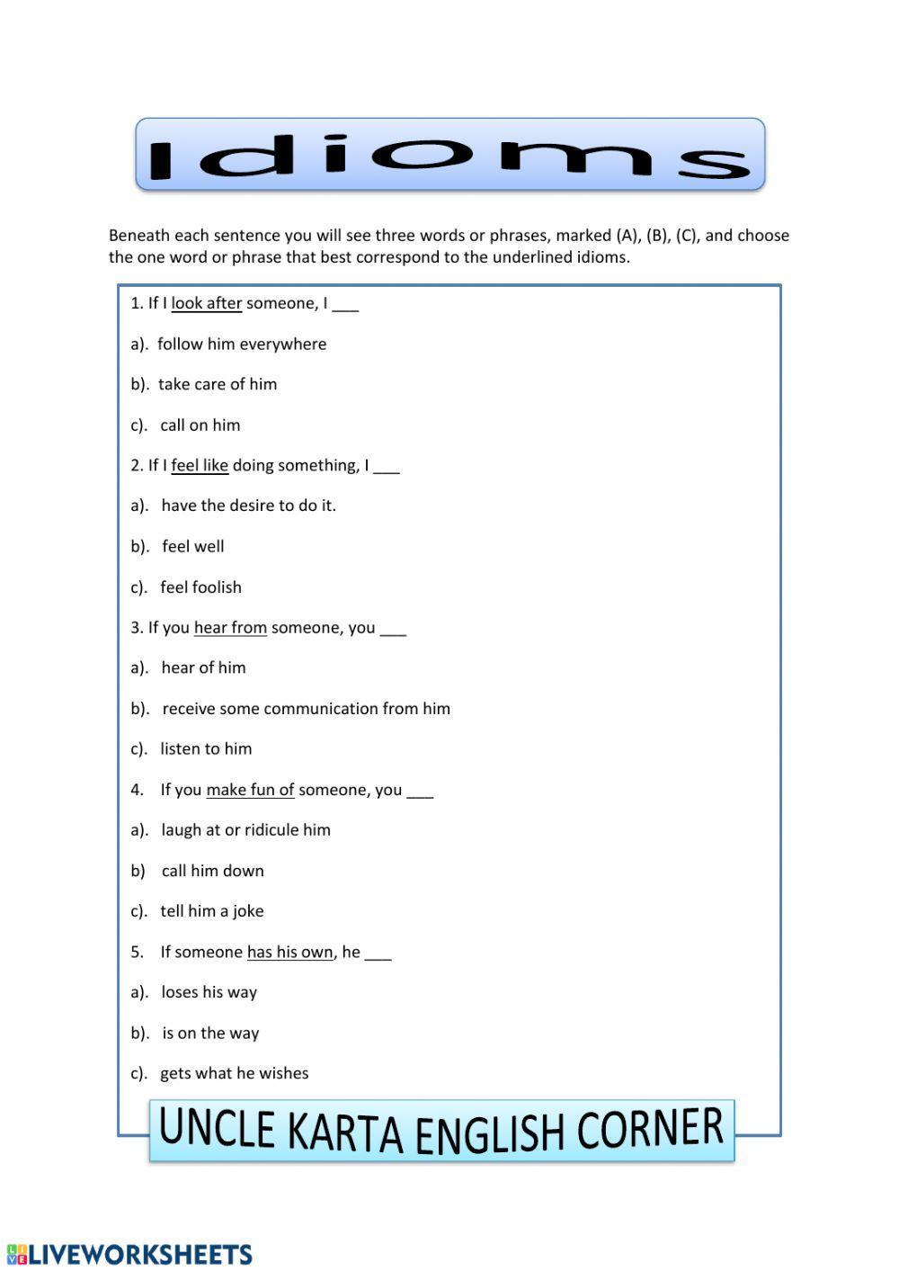 Idiom worksheet | Live Worksheets