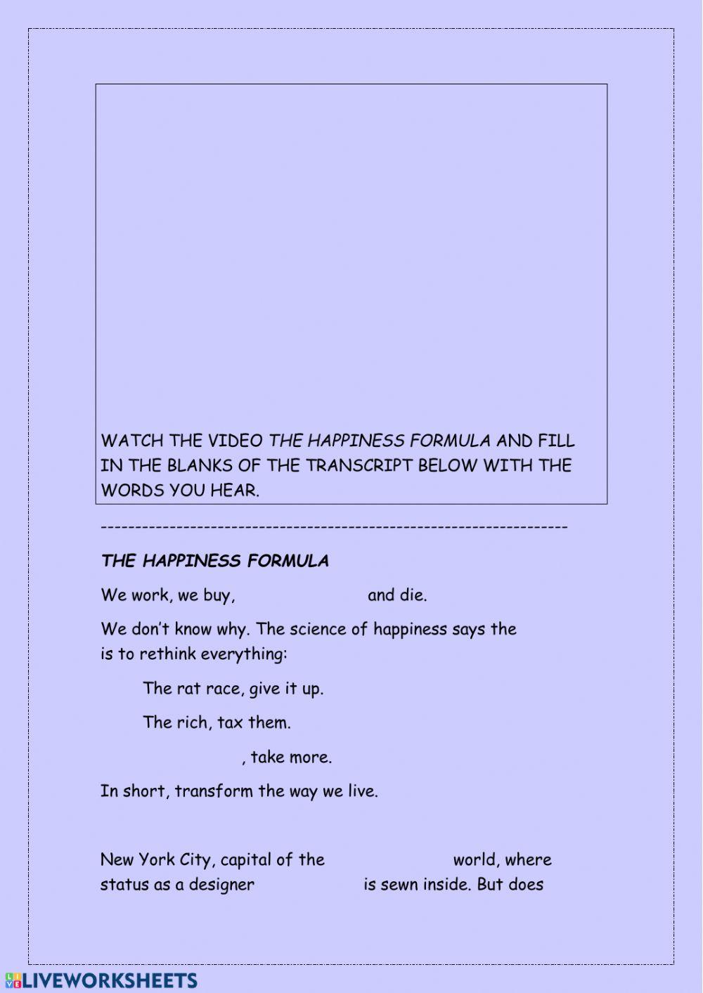 The happiness formula worksheet | Live Worksheets