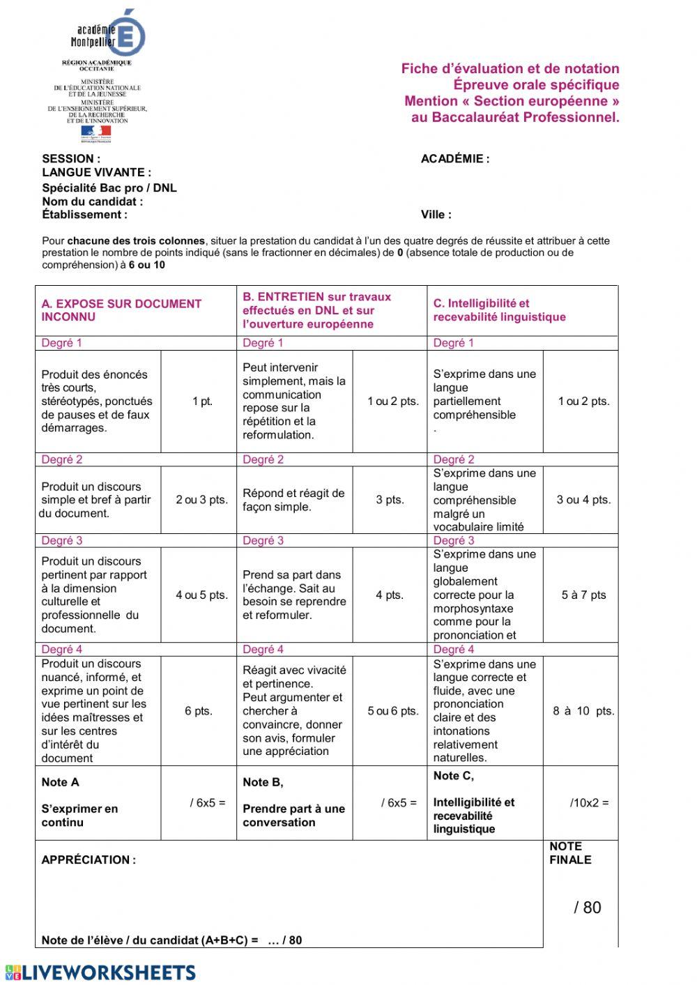 Fiche évaluation worksheet | Live Worksheets