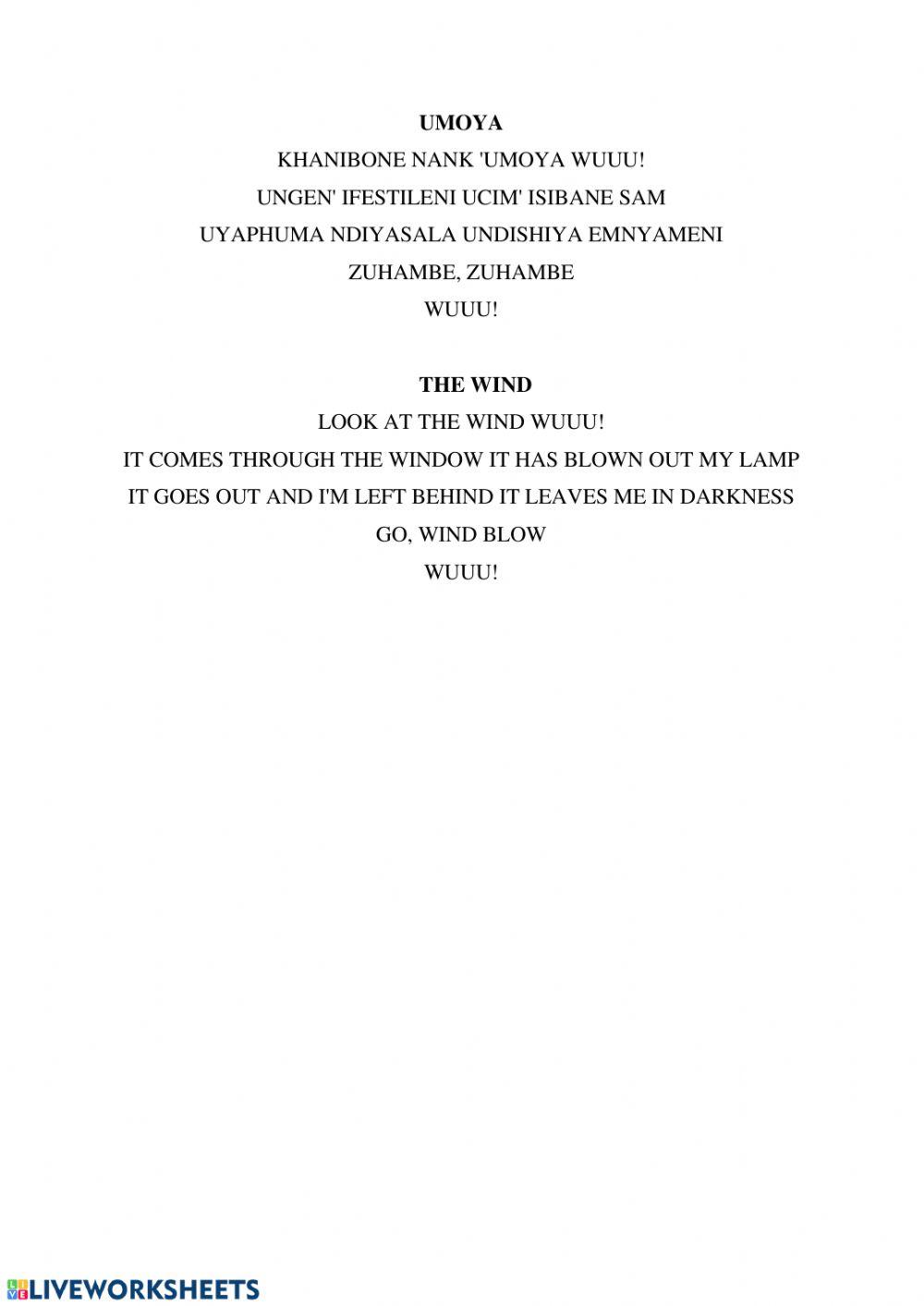 Umoya worksheet | Live Worksheets