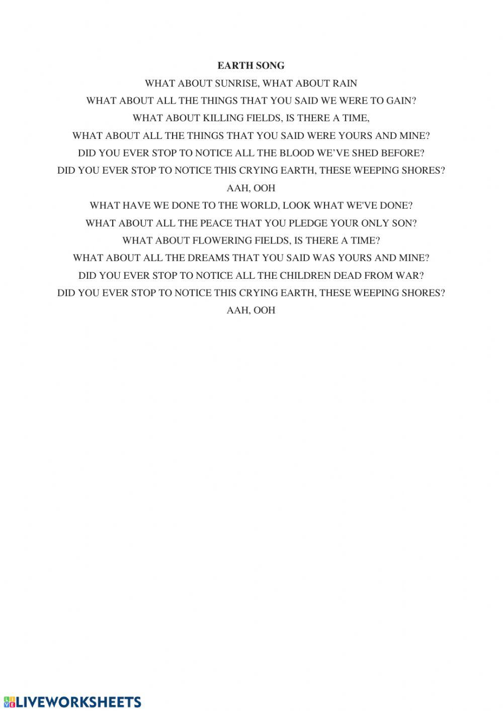 Earth song interactive worksheet | Live Worksheets
