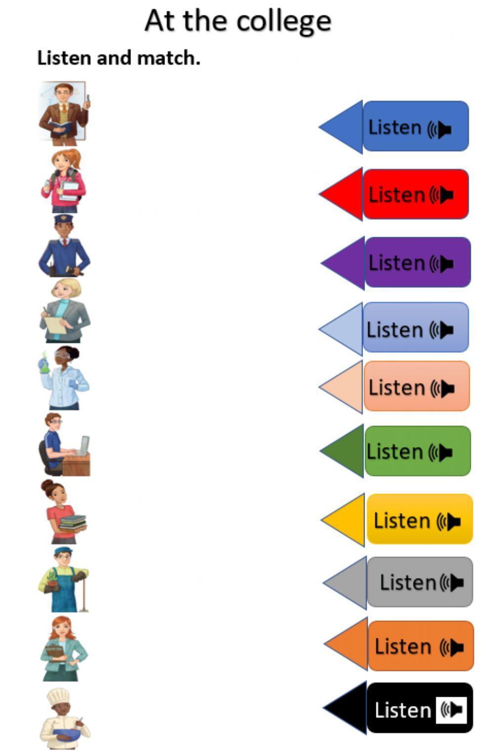 At the collage. Listen and match. worksheet | Live Worksheets