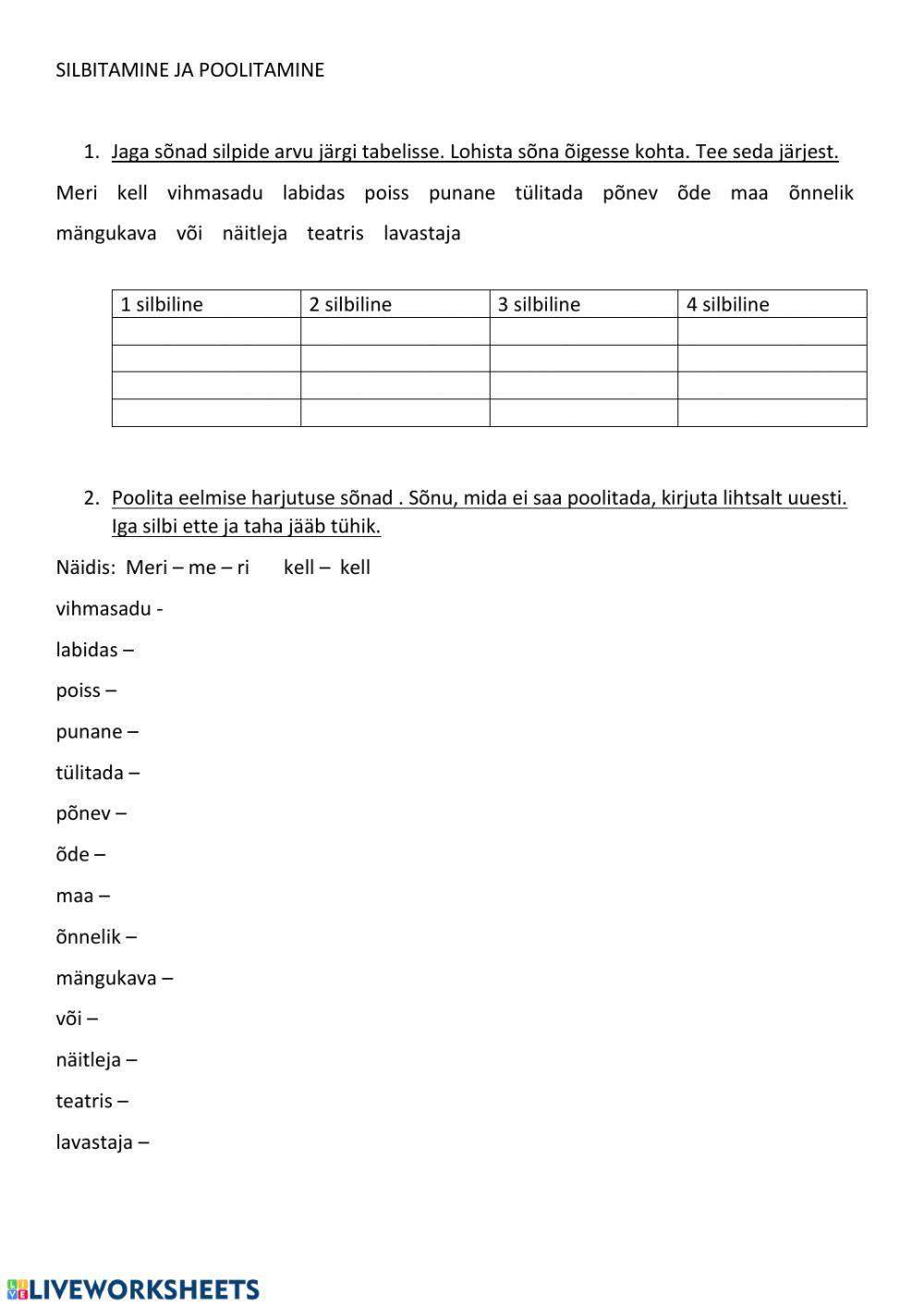 Silbitamine ja … | Free Interactive Worksheets | 61956