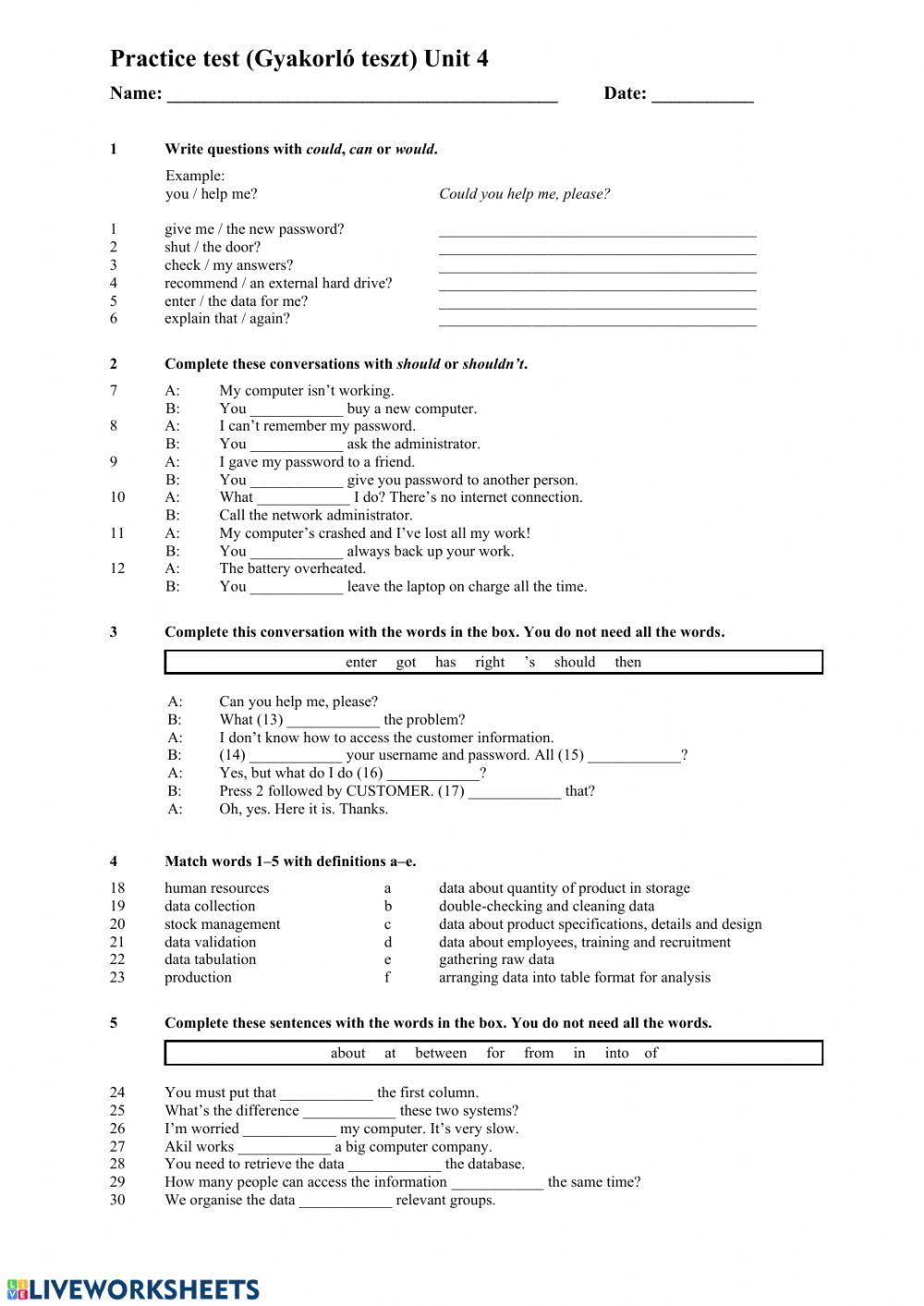 IT English - Unit 4 Practice test worksheet | Live Worksheets