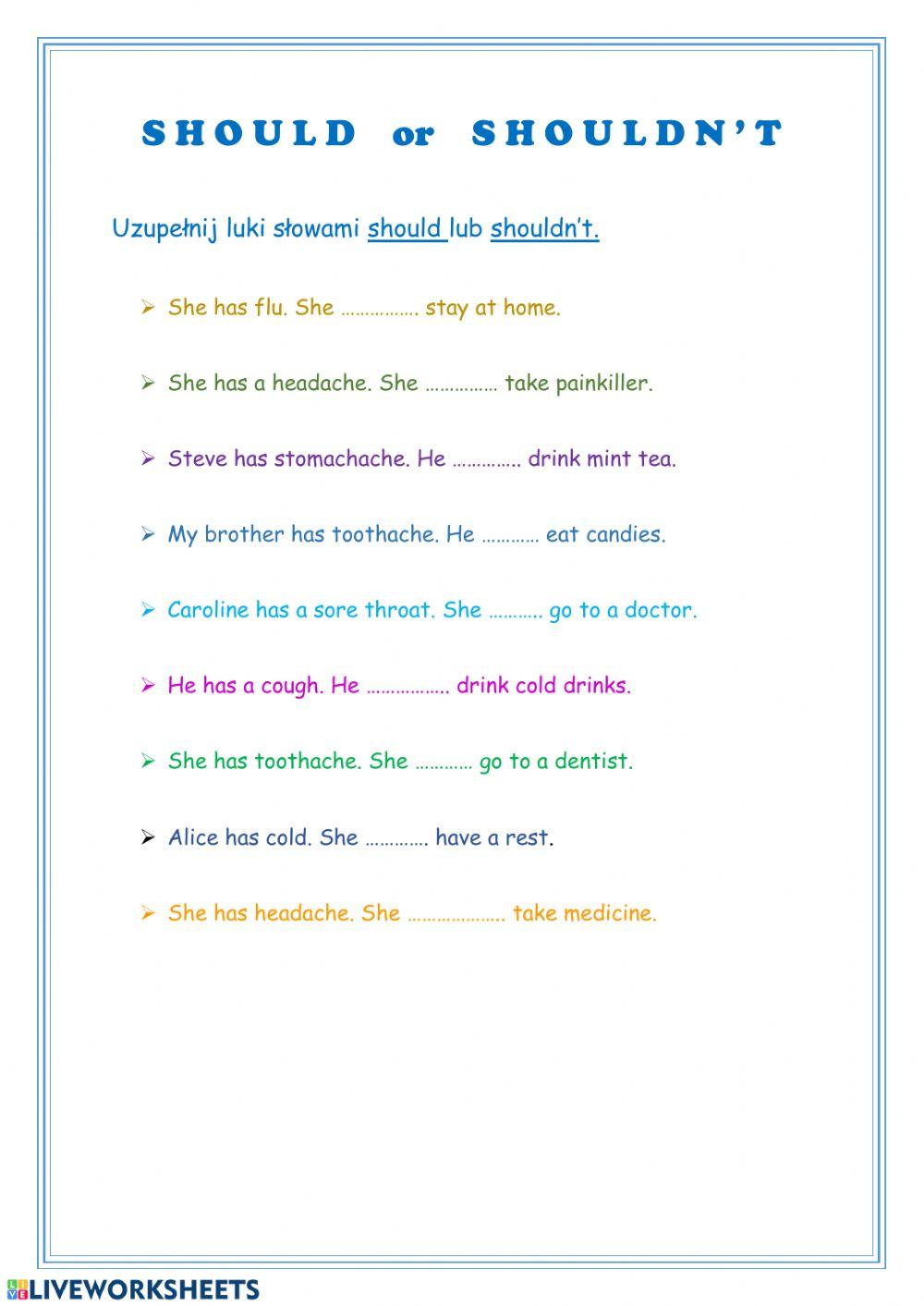 illnesses - should-shouldn't online exercise for | Live Worksheets