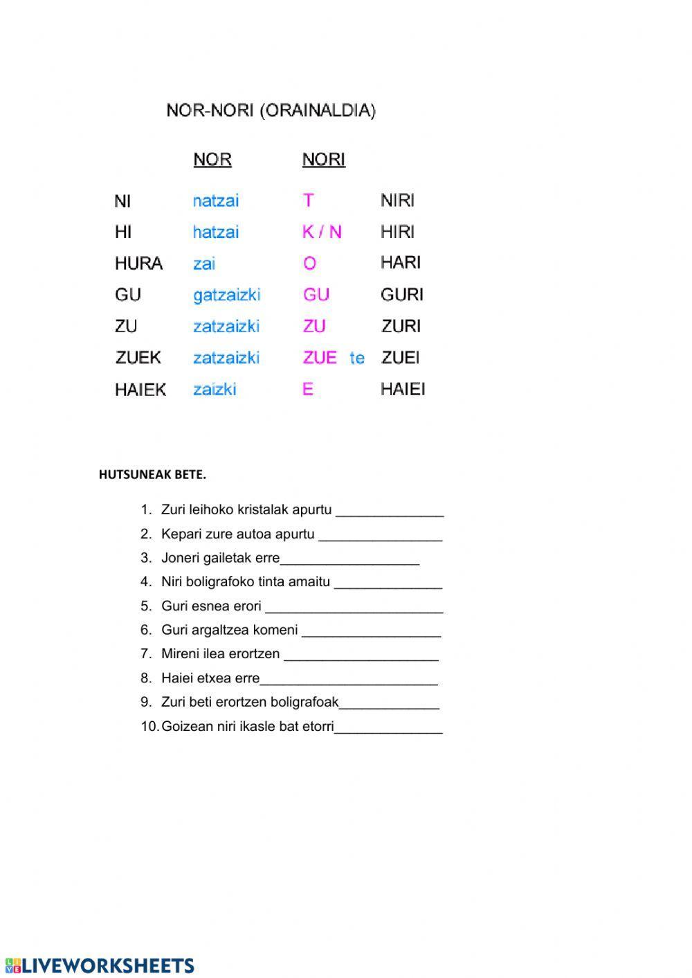 Nor nori oraina… | Free Interactive Worksheets | 62340