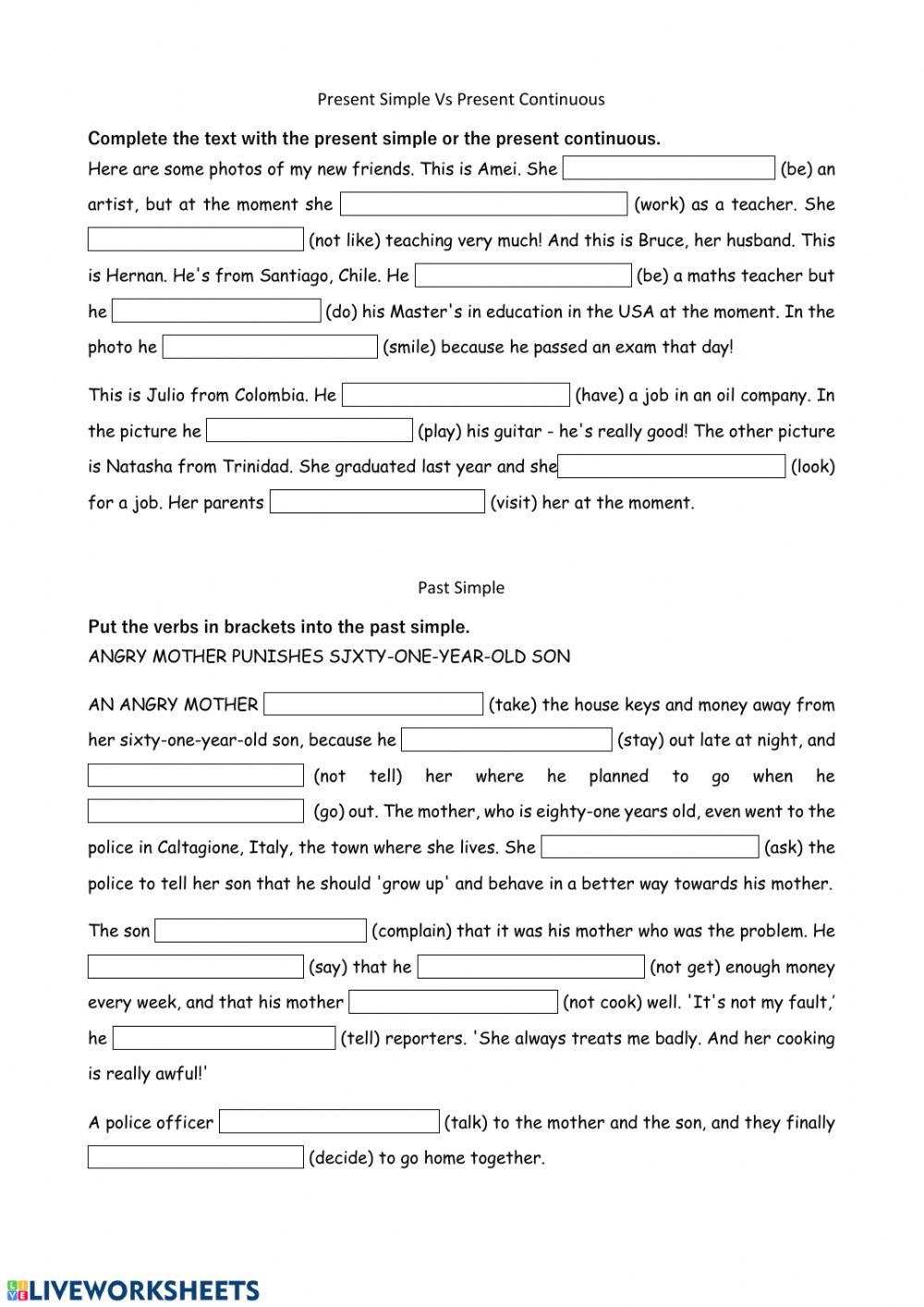 Revision: Pres Simple, Pres Continuous, Past Simple worksheet | Live ...