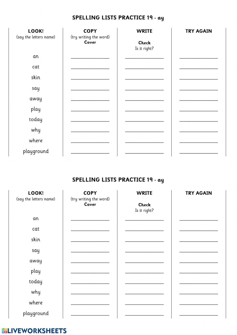 Spelling list 19 worksheet | Live Worksheets