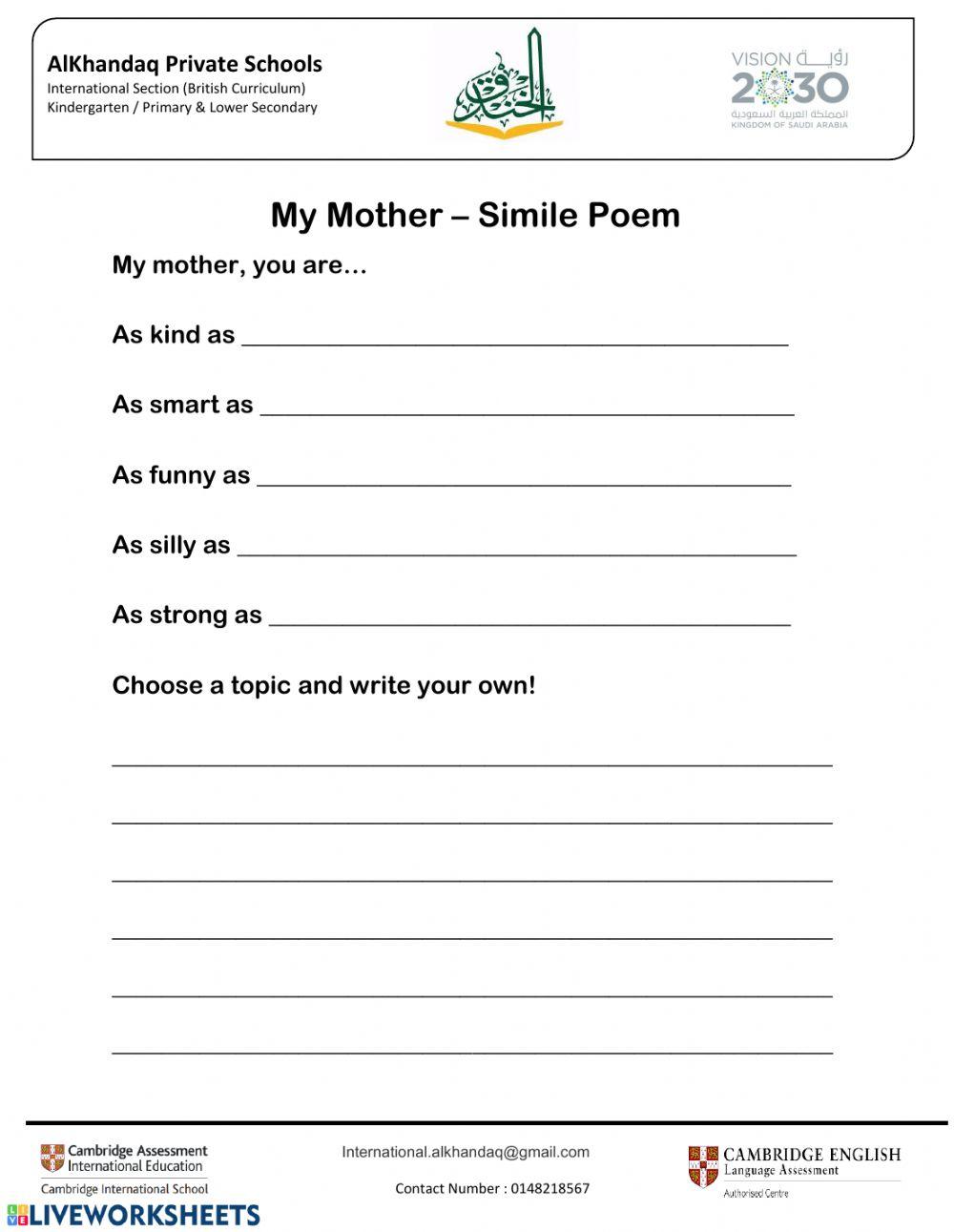 Simile Poem 1802 | Arwah | Live Worksheets