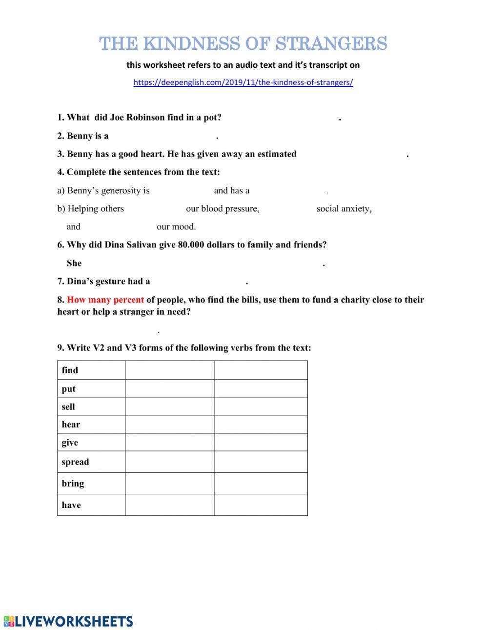 The Kindness of… | Free Interactive Worksheets | 65300