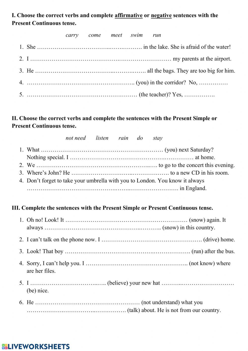 Present Simple and Present Continuous | Live Worksheets