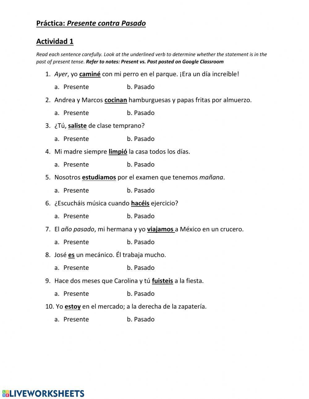 Present vs. Past worksheet | Live Worksheets