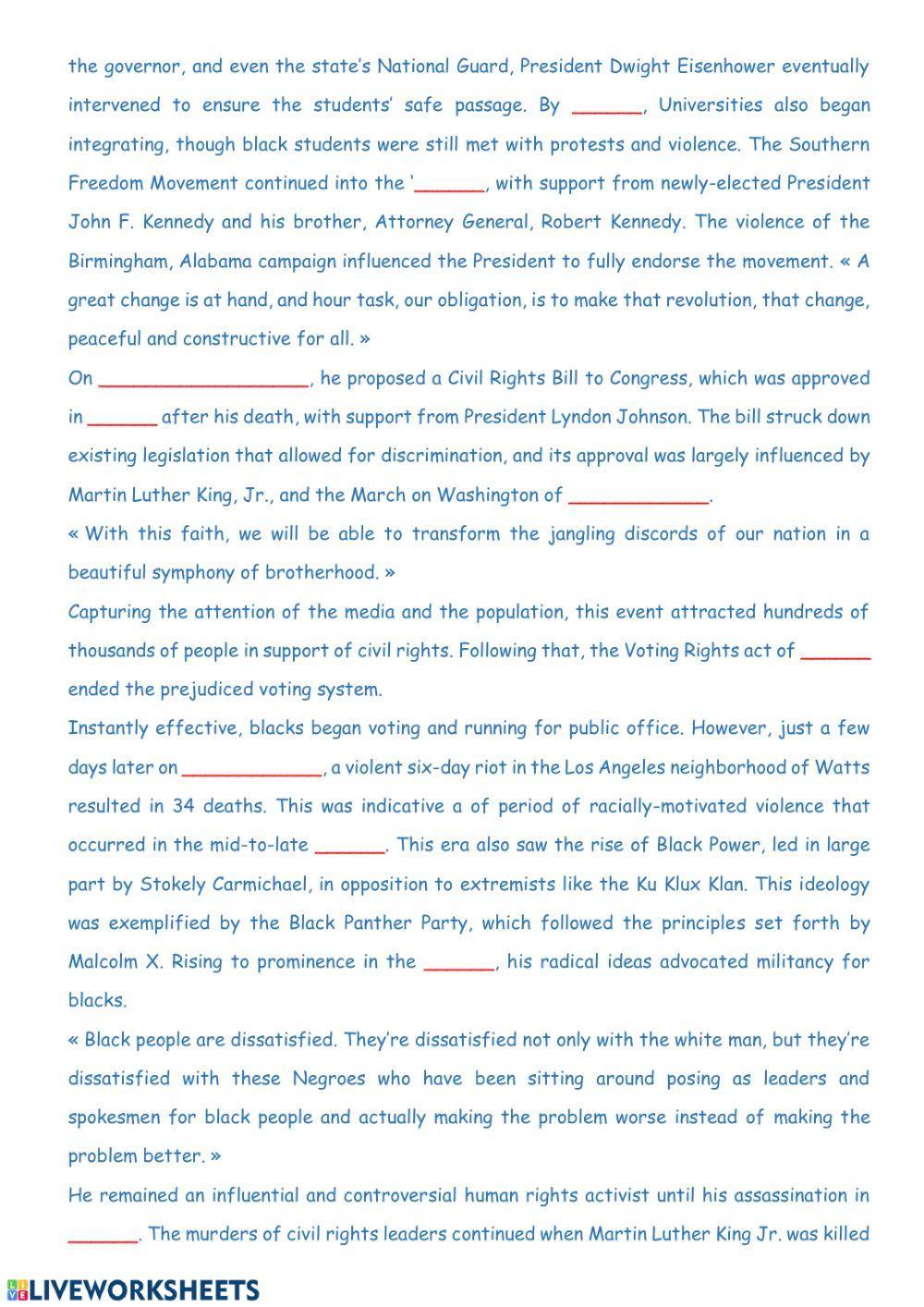 The american civil rights movement ii worksheet | Live Worksheets