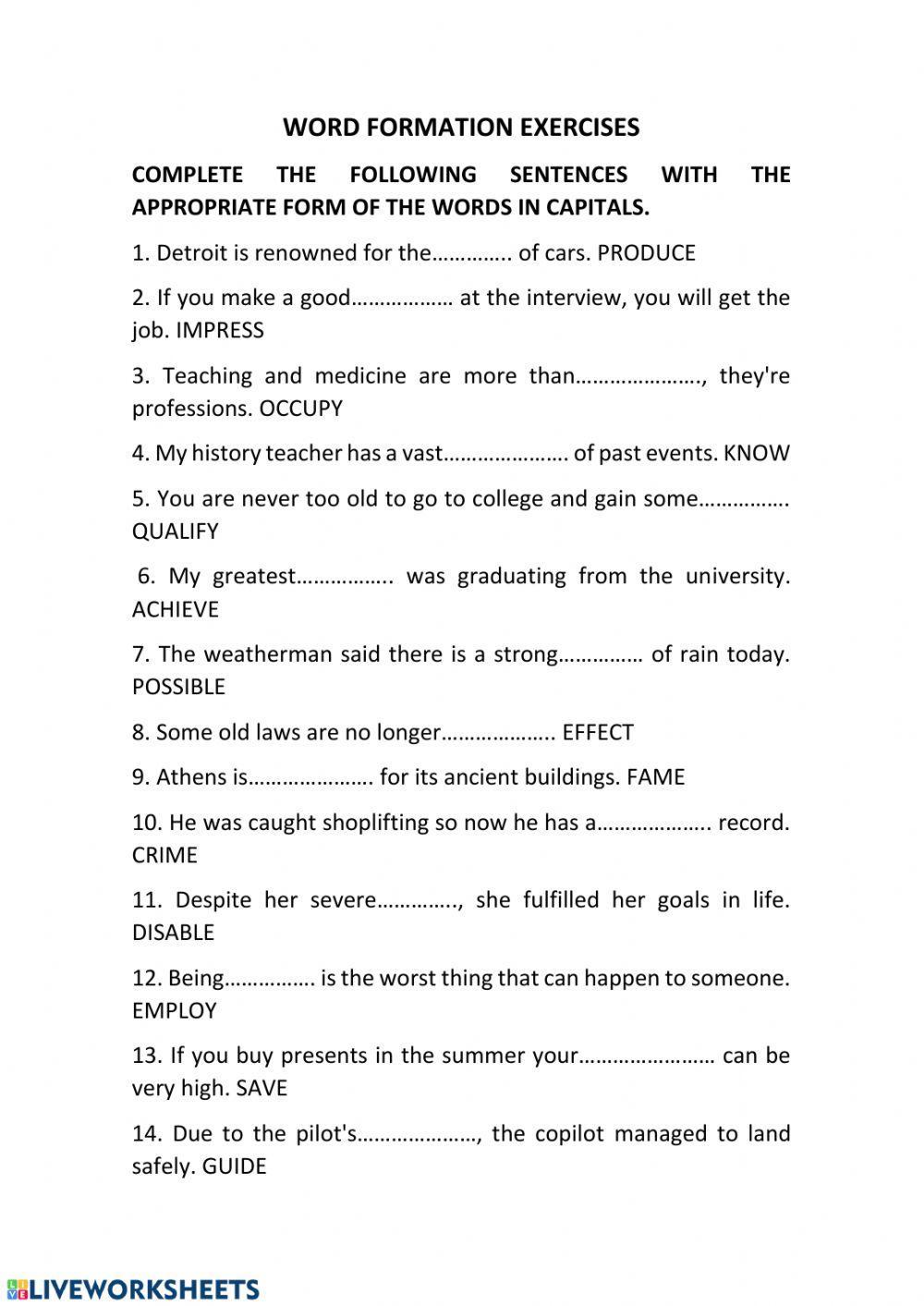 Word fomation i worksheet | Live Worksheets
