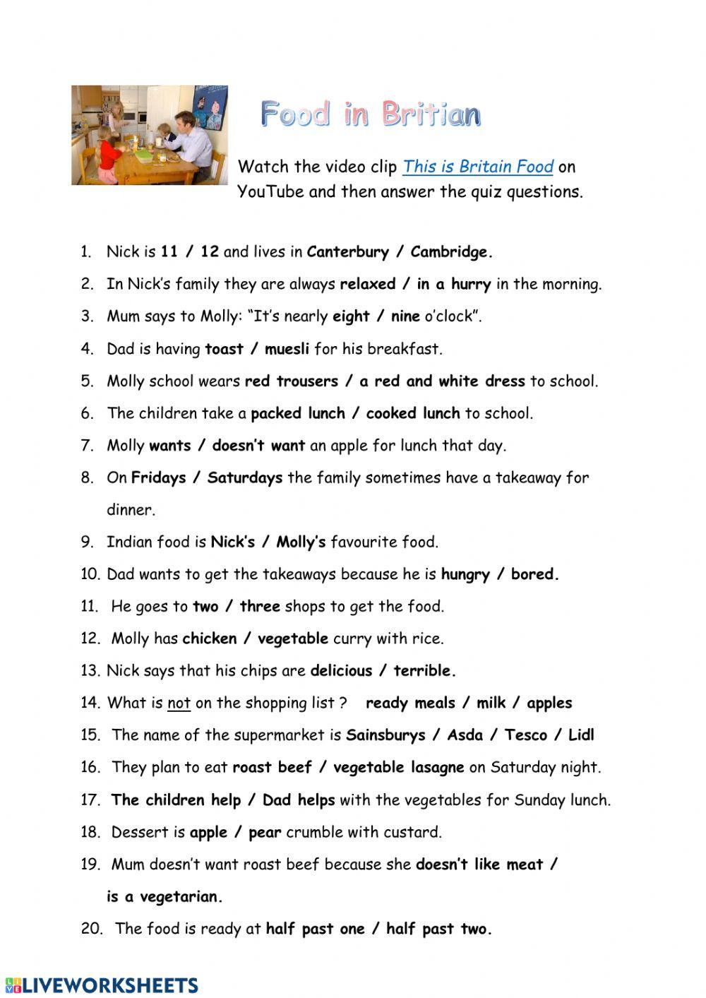 Food in Britin worksheet | Live Worksheets
