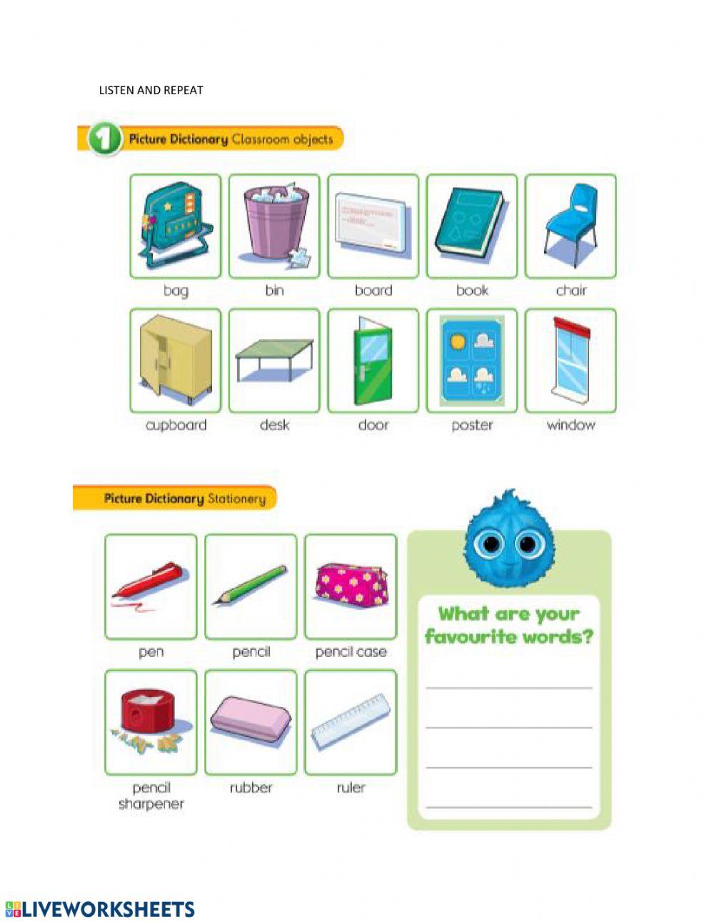 School objects online activity for primero de primaria | Live Worksheets