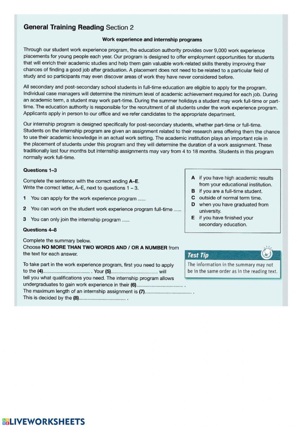 Listening-Reading test worksheet | Live Worksheets