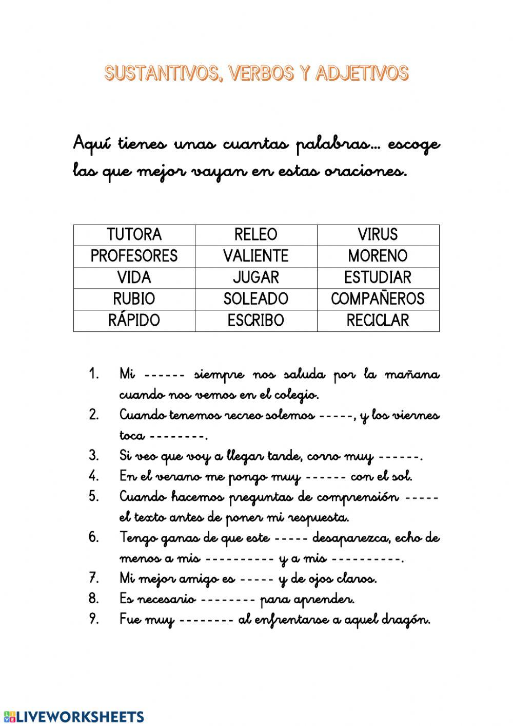 Sustantivos Verbos Y Adjetivos Exercise Live Worksheets