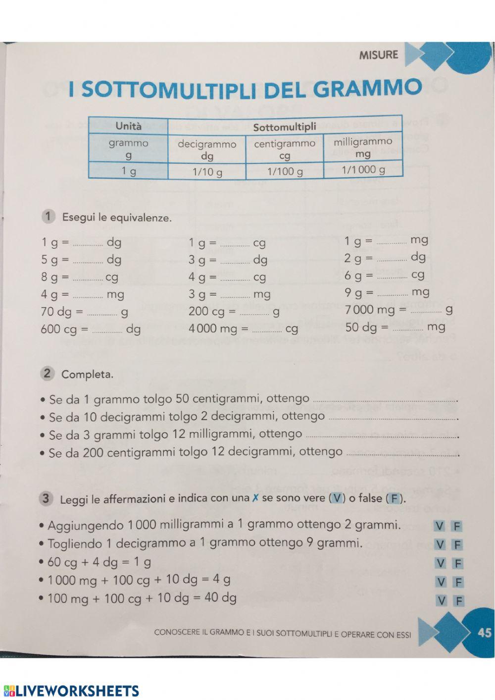 Sottomultipli del grammo worksheet | Live Worksheets