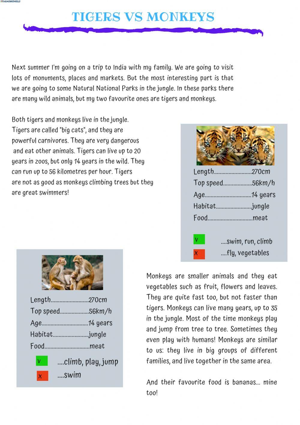 Monkeys&Tigers worksheet | Live Worksheets